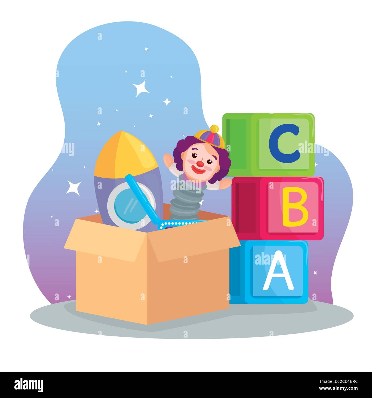 kids toys, cubes alphabet and toys on the box carton Stock Vector Image ...