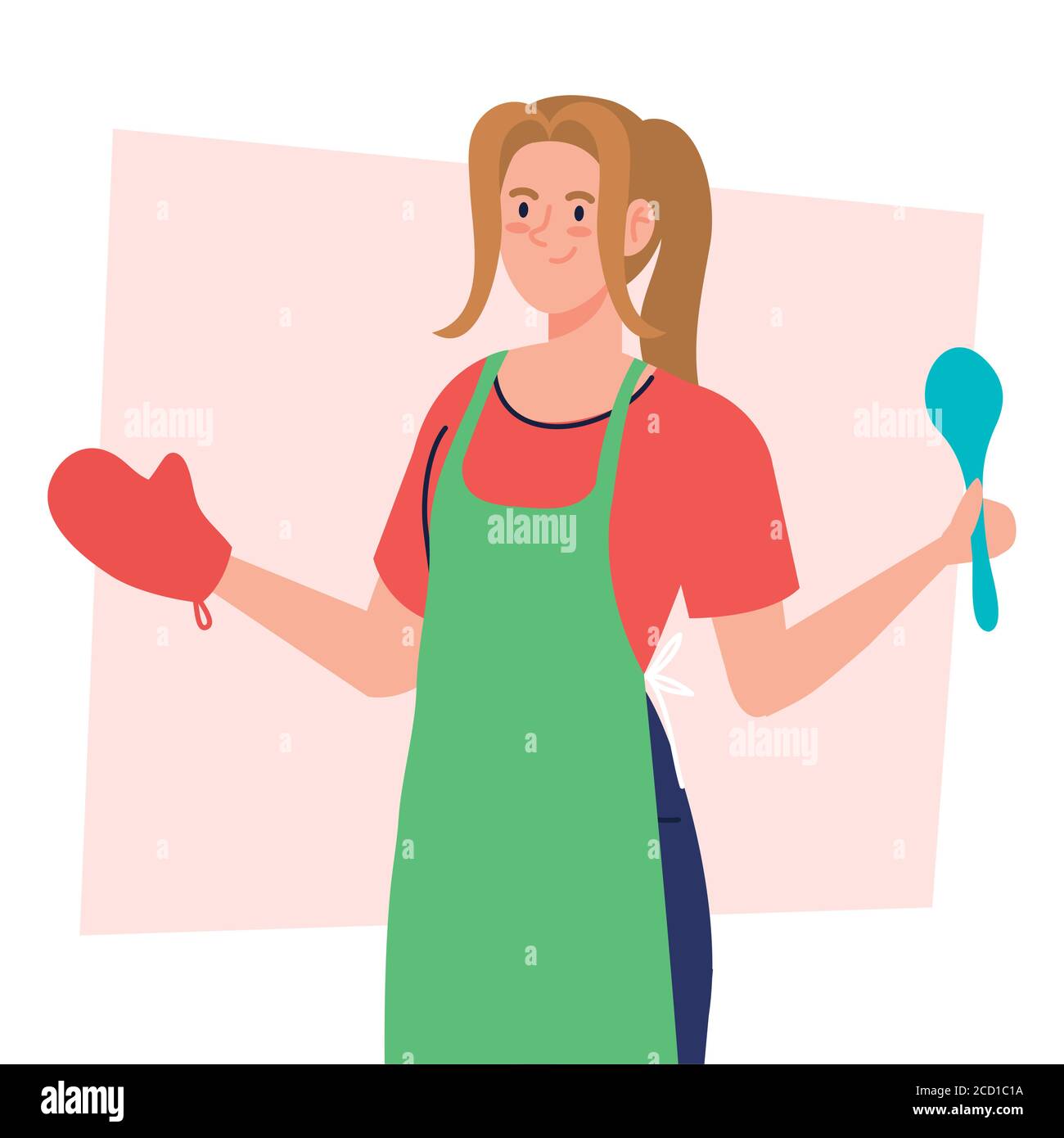 woman cooking using apron with spoon and glove, in white background ...