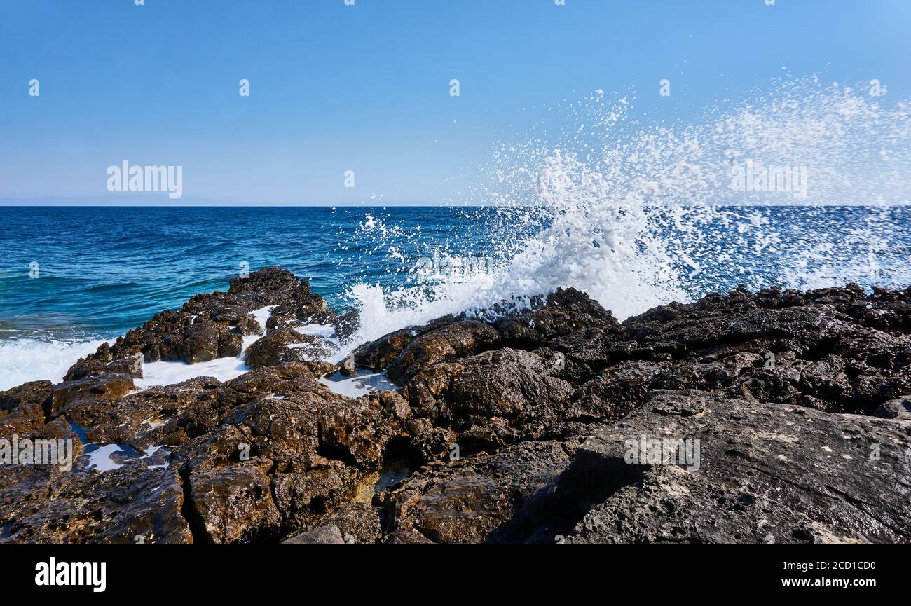 Beautiful sea view with splashing water Stock Photo - Alamy