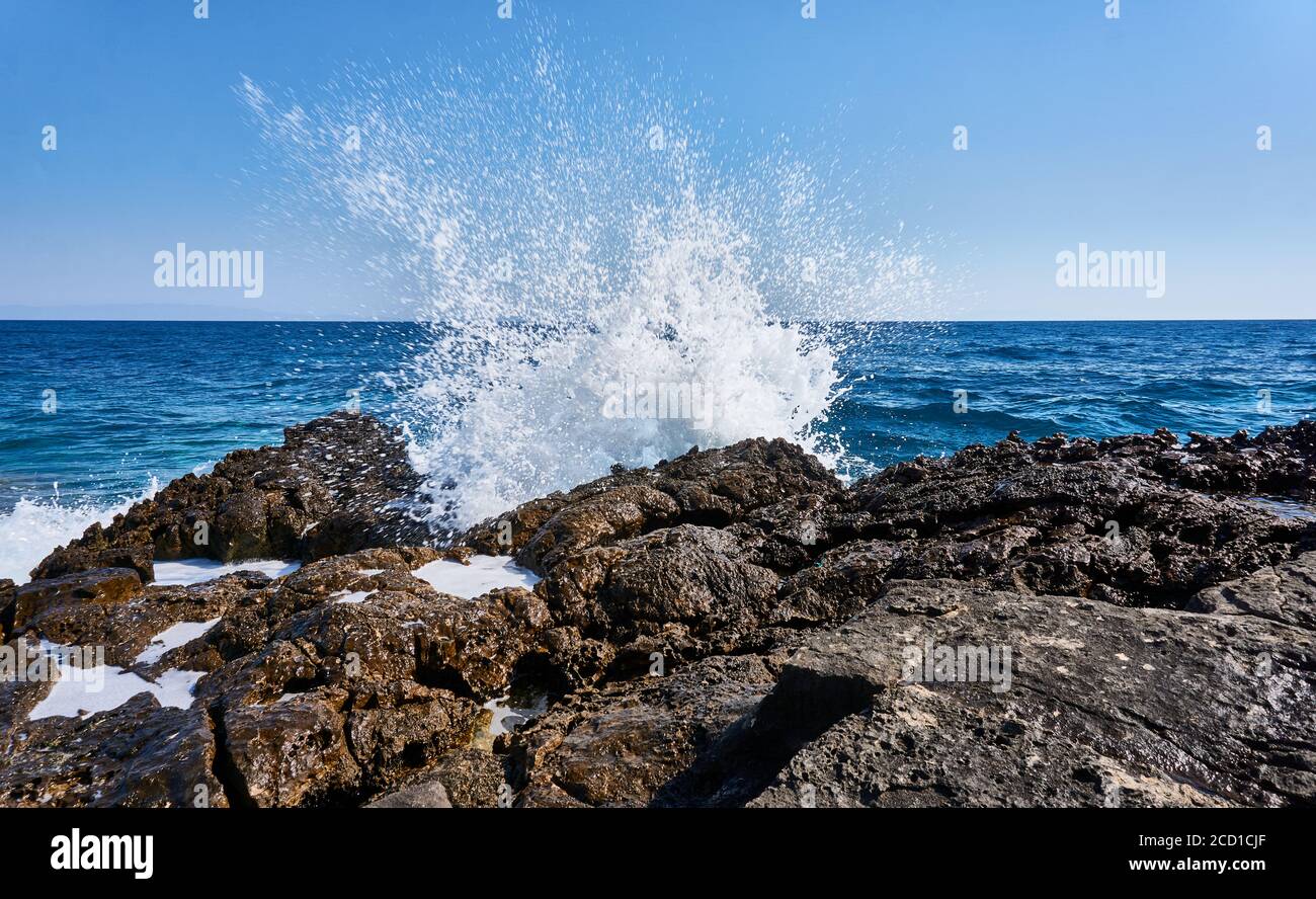 Beautiful sea view with splashing water Stock Photo - Alamy