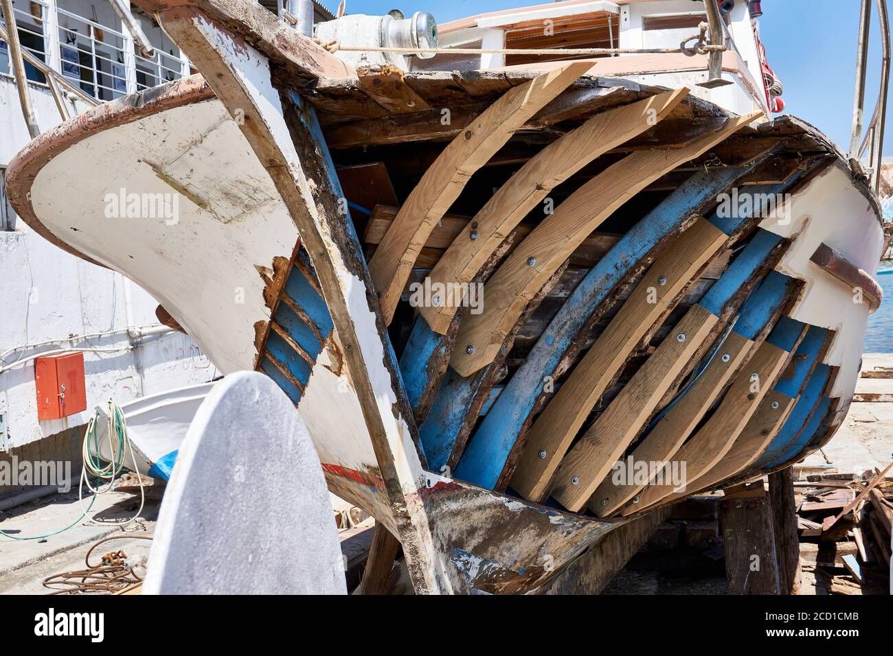 Boat at dock for repairing Stock Photo - Alamy