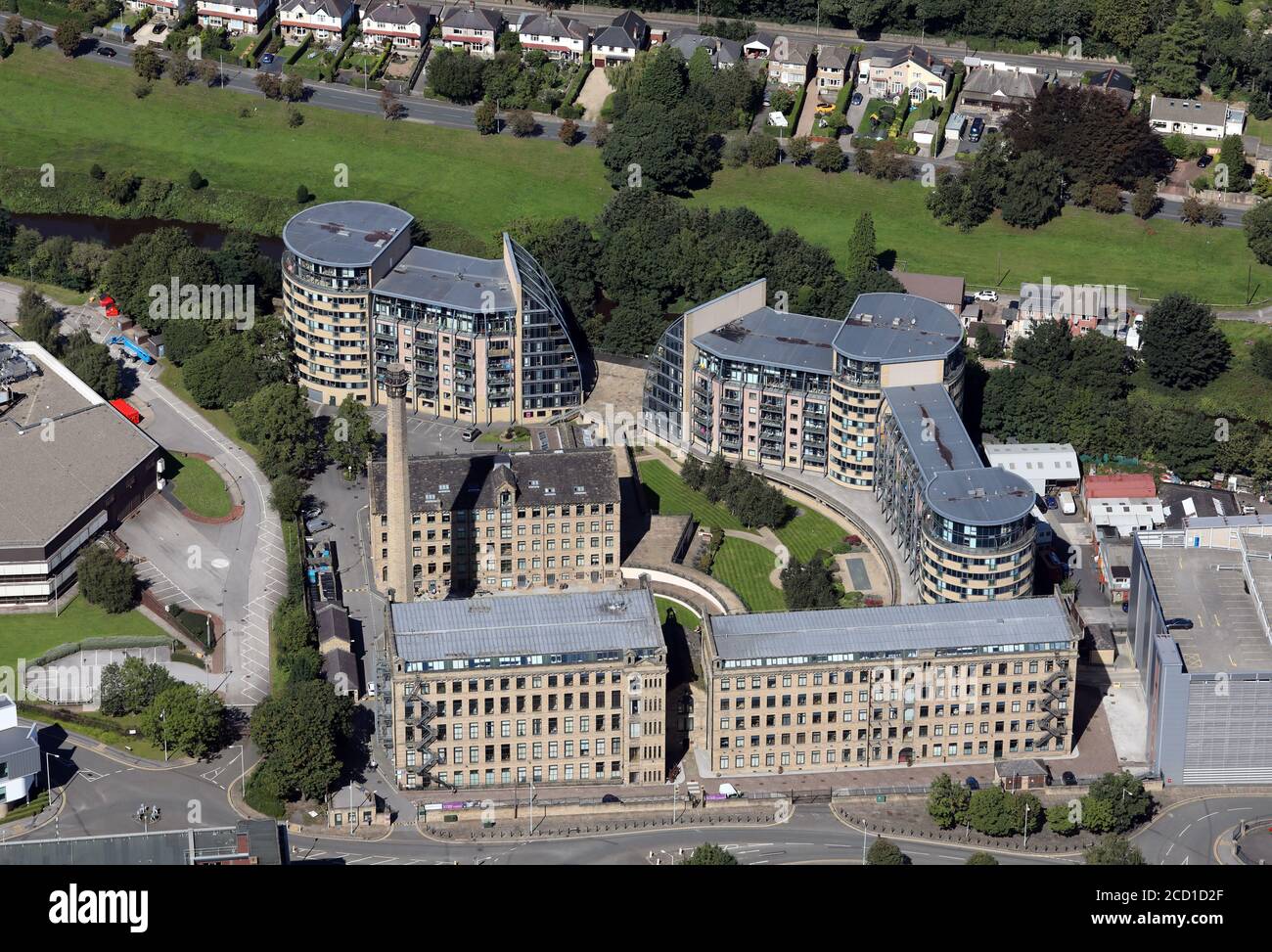 aerial view of a mill complex in Shipley near Bradford, West Yorkshire ...