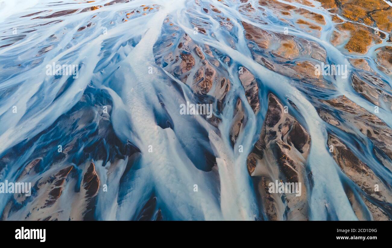 A glacial rivers from above. Aerial photograph of the river streams ...