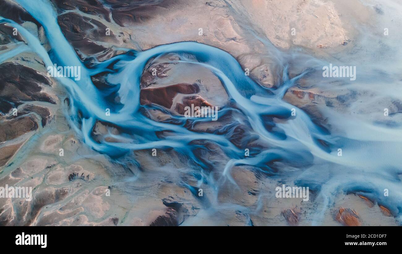 A glacial rivers from above. Aerial photograph of the river streams ...