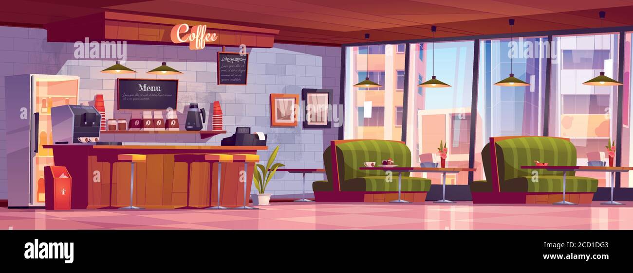 Cafe interior with coffee machine at cashier desk, refrigerator ...