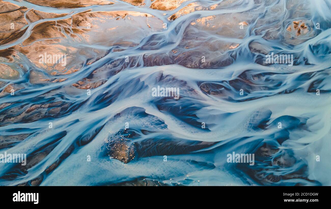 A glacial rivers from above. Aerial photograph of the river streams ...