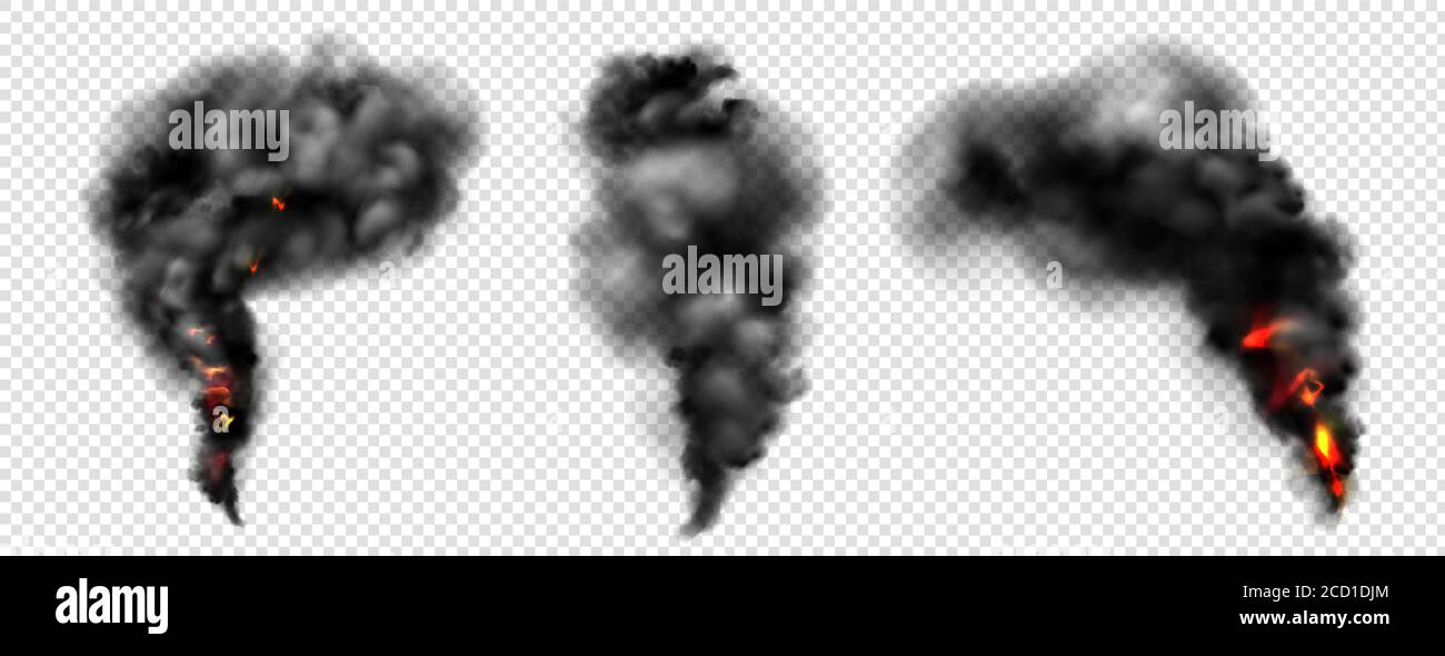 Black smoke with fire, dark fog clouds or steam trails. Industrial smog ...