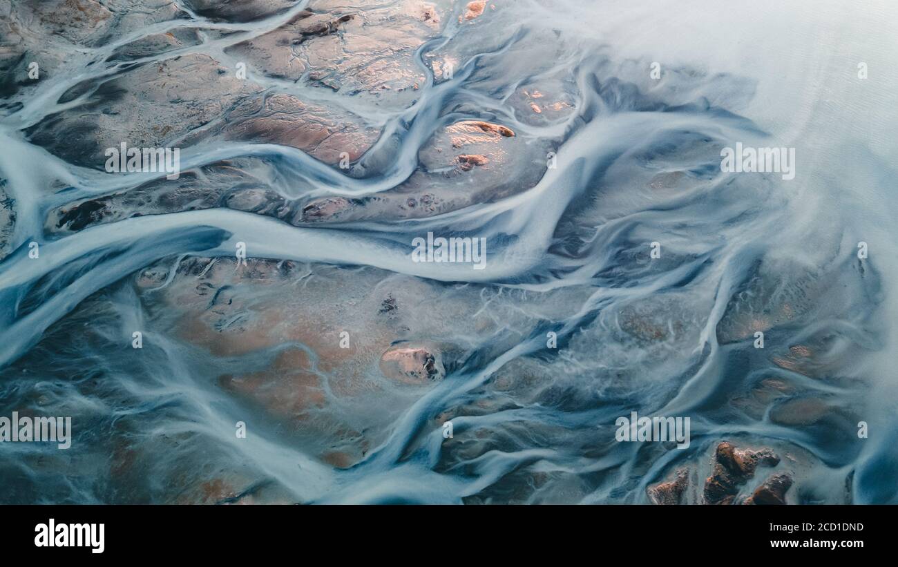 A glacial rivers from above. Aerial photograph of the river streams ...