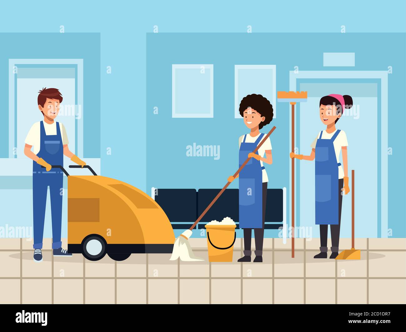 housekeeping team workers with equipment vector illustration design ...