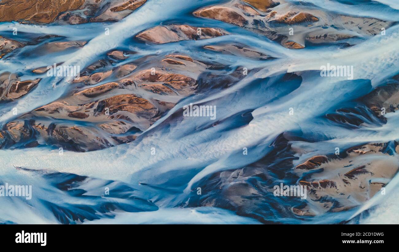A glacial rivers from above. Aerial photograph of the river streams ...
