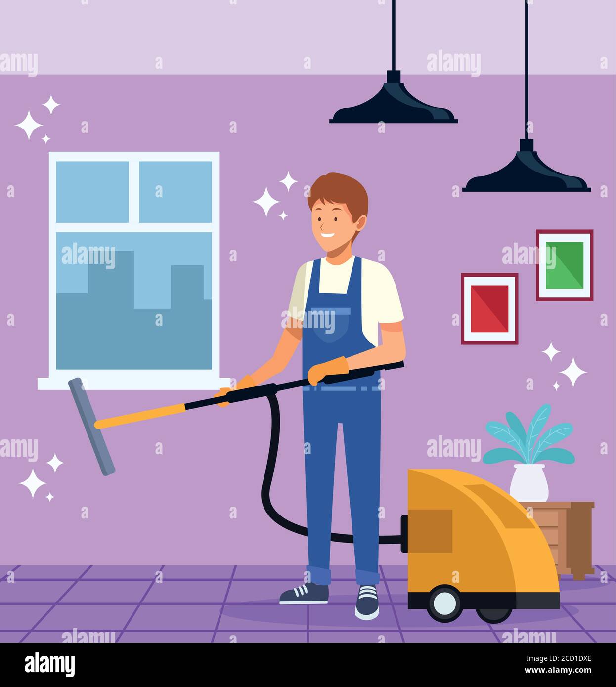housekeeping male worker with vacuum cleaner vector illustration design ...