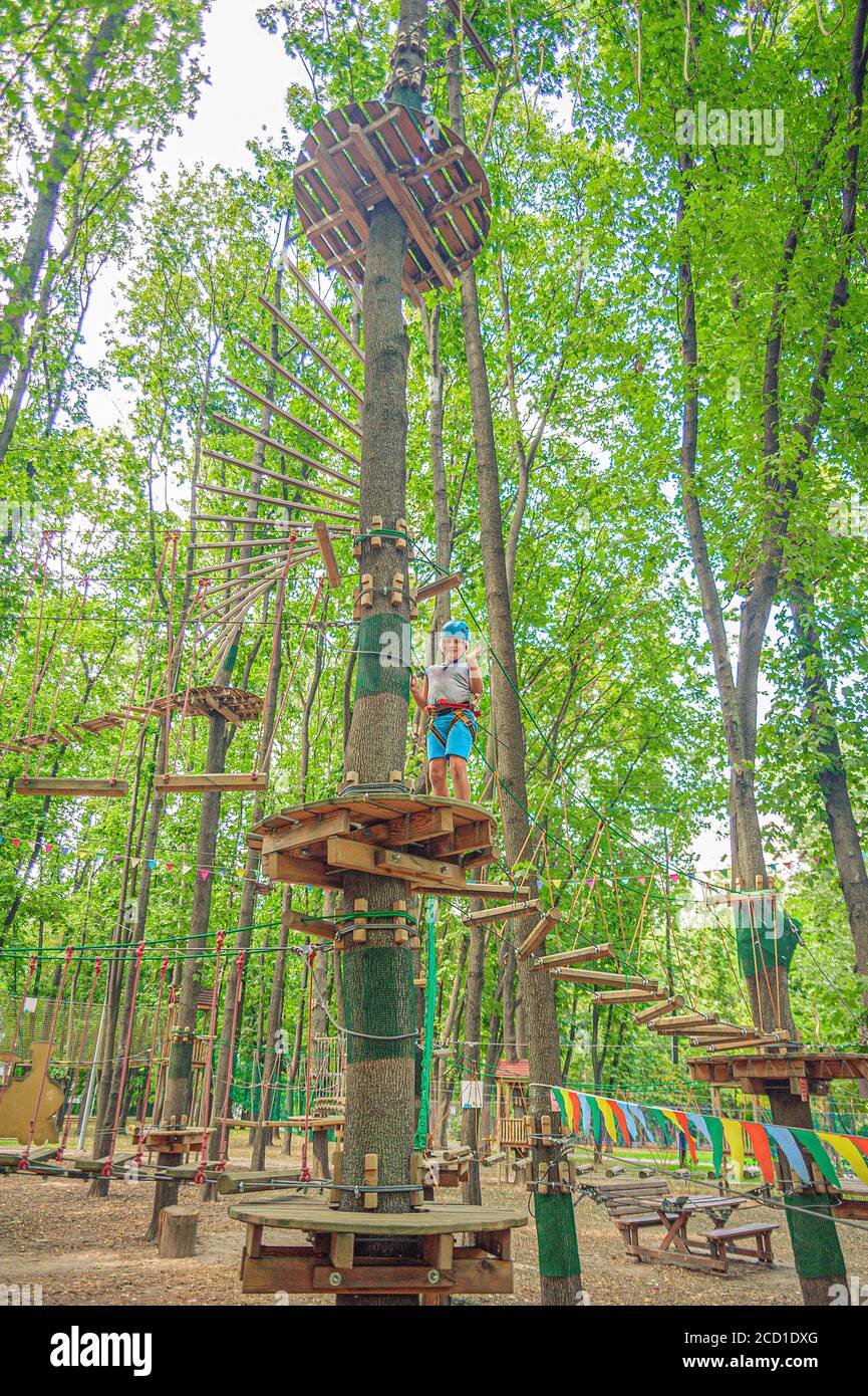 A structural element of a forest adventure park with round wooden ...