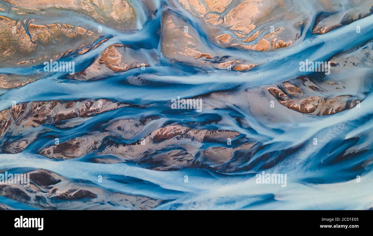 A glacial rivers from above. Aerial photograph of the river streams ...