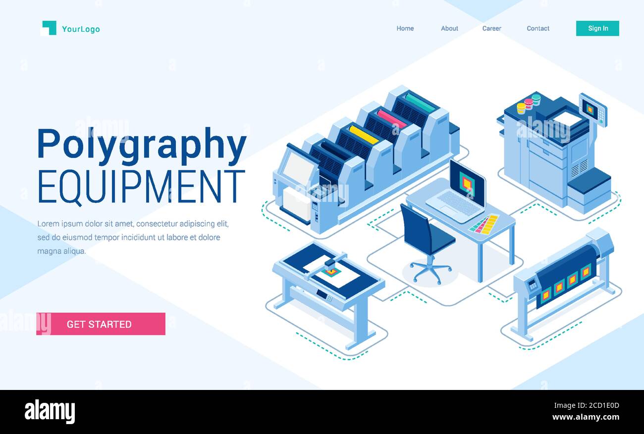 Polygraphy equipment banner. Typography business, printing service. Vector landing page of ...