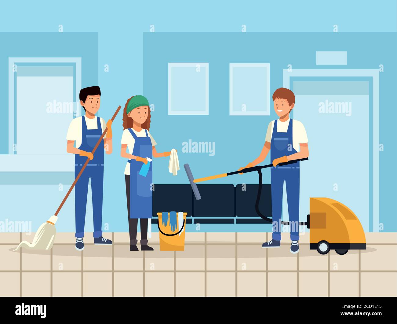 housekeeping teamworkers with equipment tools vector illustration ...