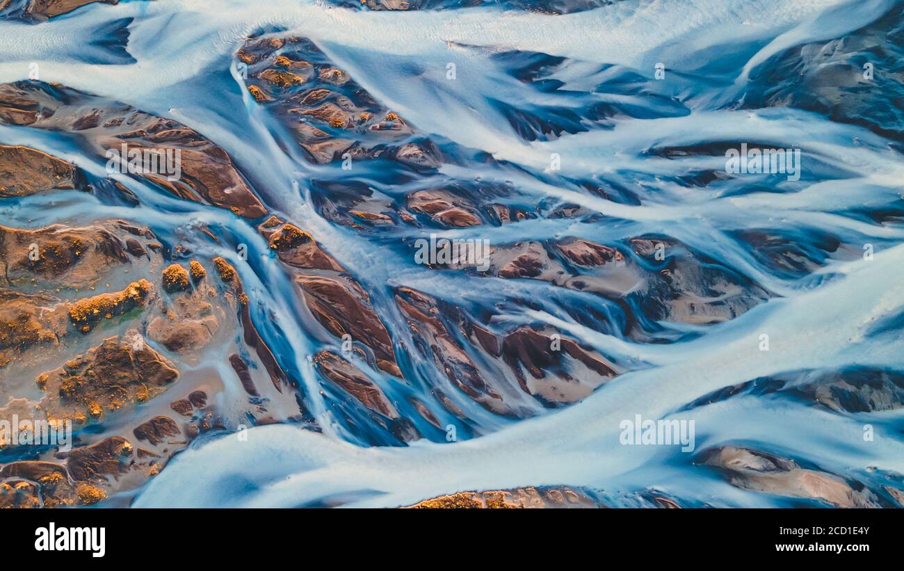 A glacial rivers from above. Aerial photograph of the river streams ...