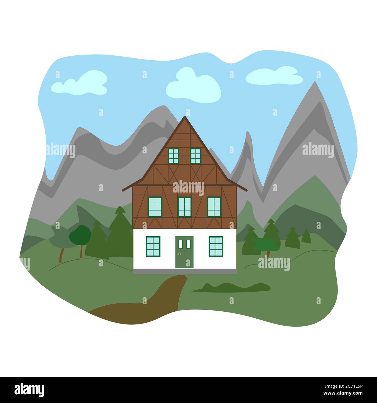 drawn two-storey house in alpine style on a background of mountains ...