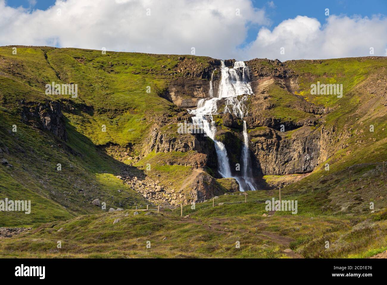 View of Rjukandi waterfalls also called Yst i-Rjukandi with cliffs and ...