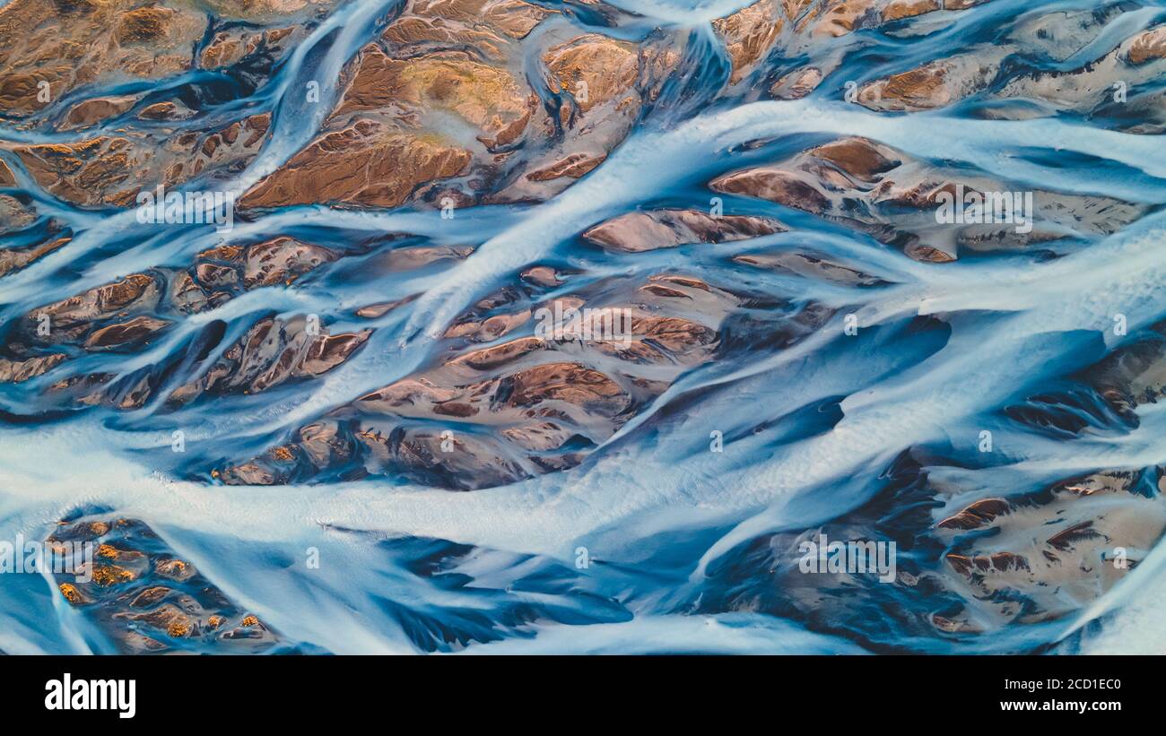 A glacial rivers from above. Aerial photograph of the river streams ...