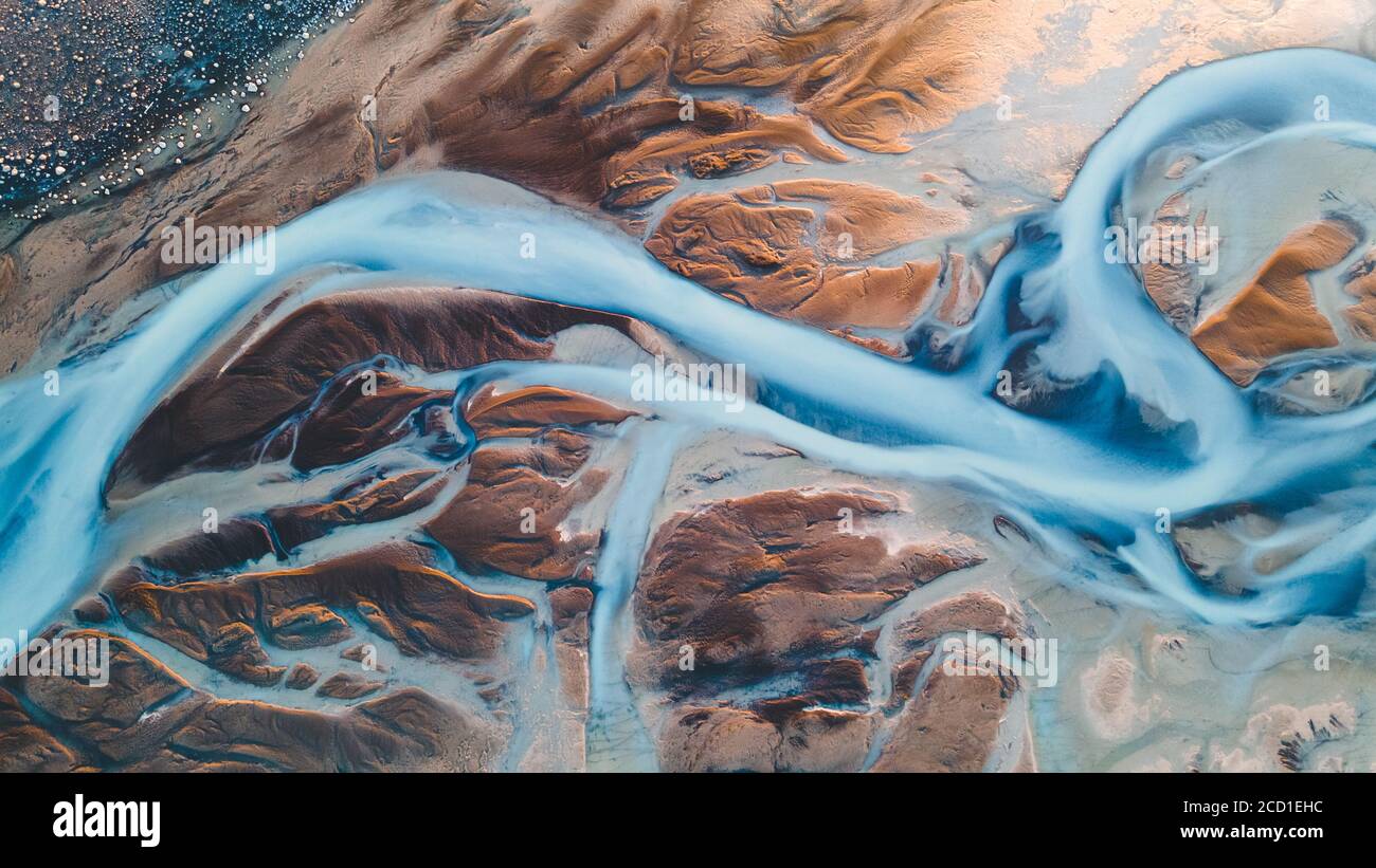 A glacial rivers from above. Aerial photograph of the river streams ...