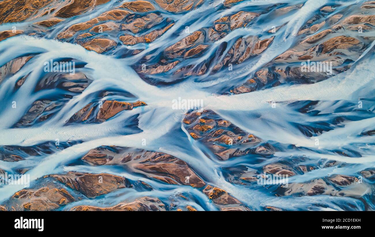A glacial rivers from above. Aerial photograph of the river streams ...