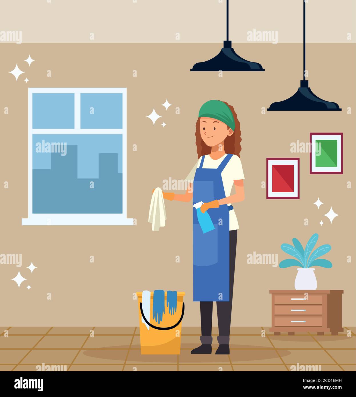 housekeeping female worker with cleaner bucket vector illustration ...