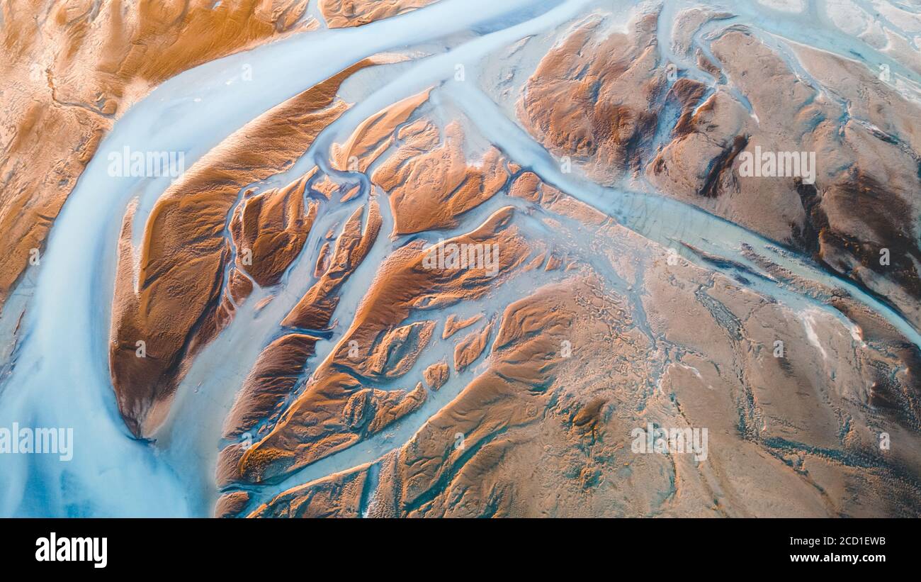 A glacial rivers from above. Aerial photograph of the river streams ...
