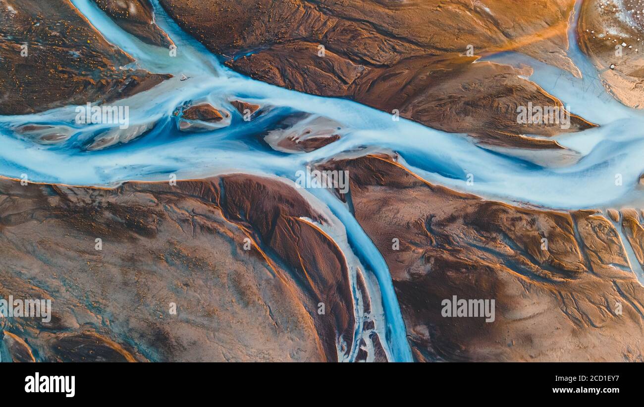 A glacial rivers from above. Aerial photograph of the river streams ...