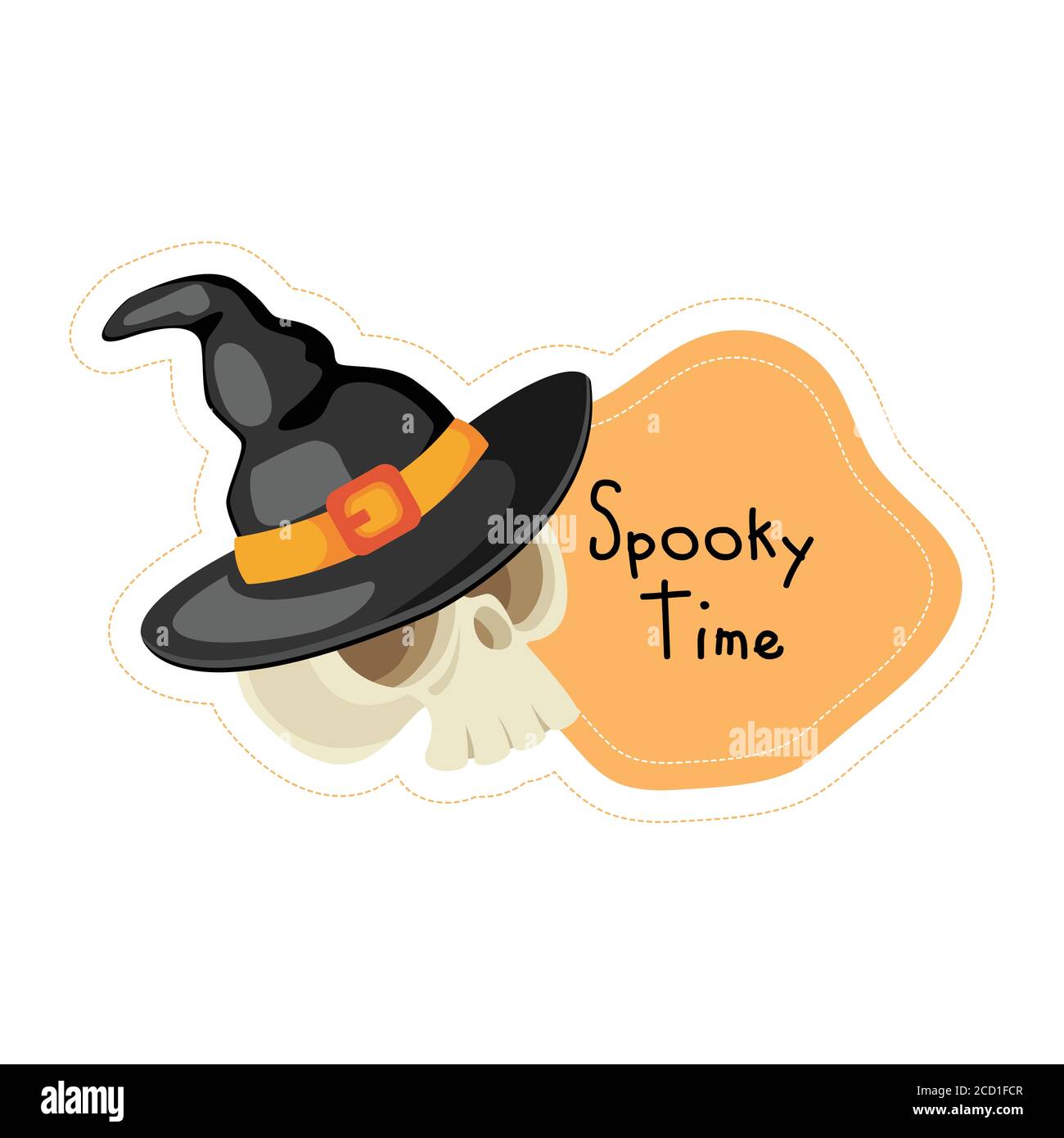 Cartoon Halloween skull Spooky time sticker. Vector illustration Stock ...