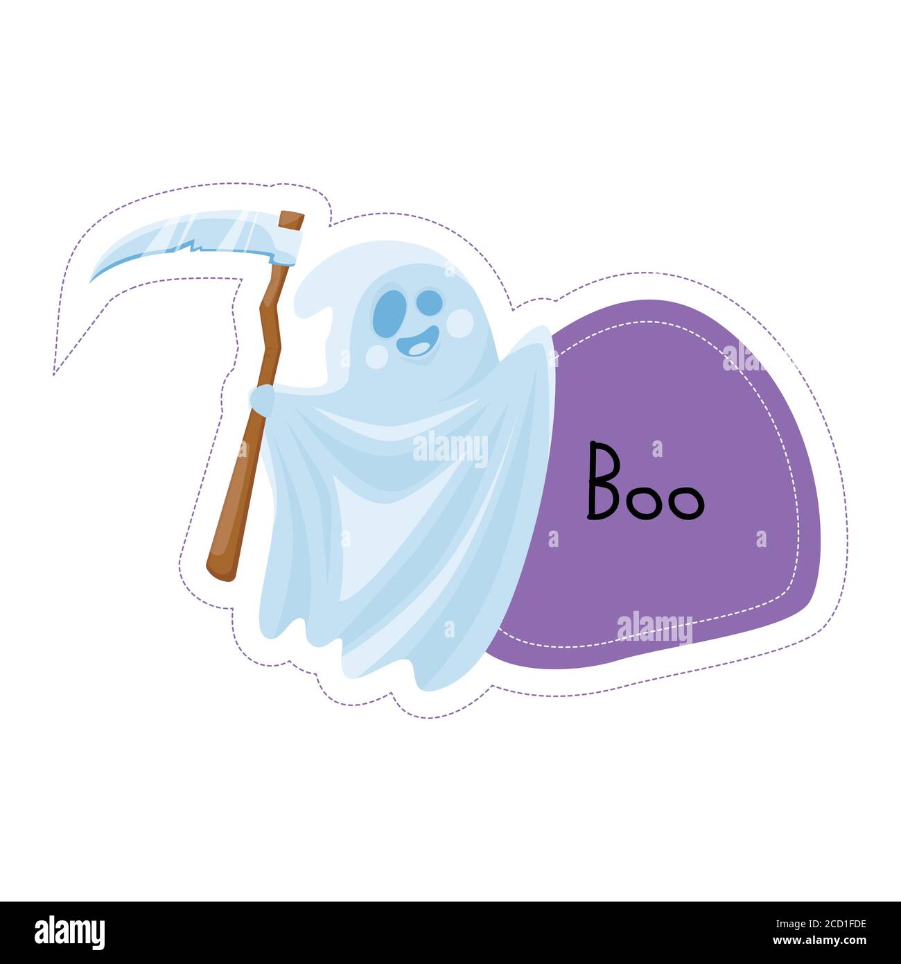 Cartoon Halloween ghost with scythe Boo sticker. Vector illustration ...