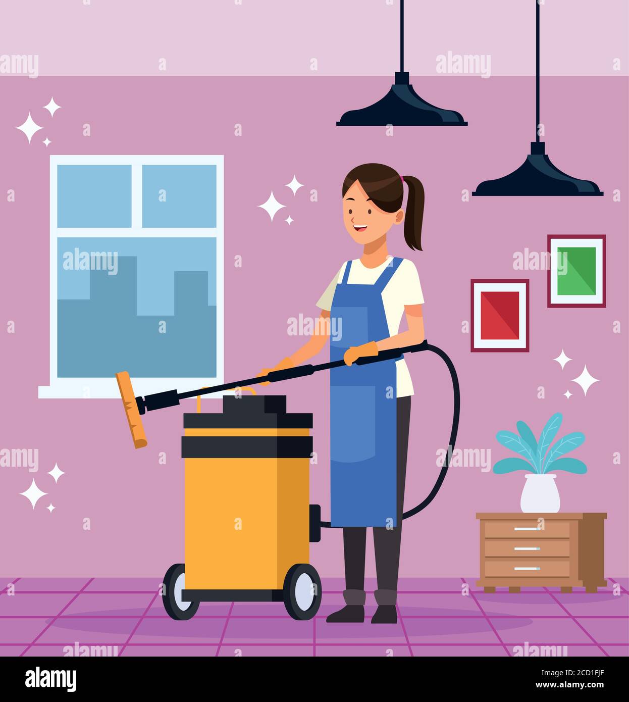 housekeeping female worker with vacuum cleaner vector illustration ...
