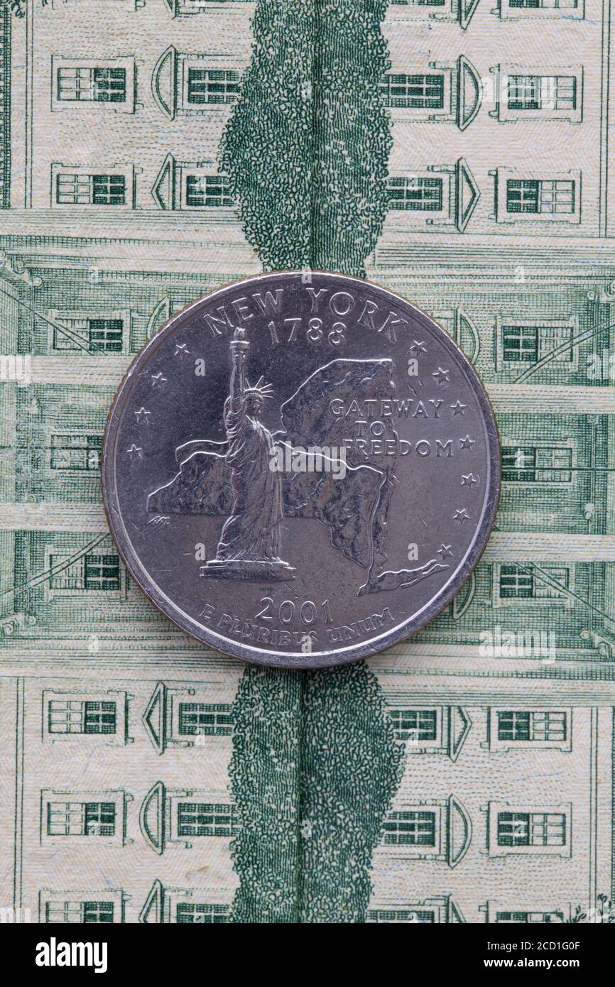 A quarter of New York on US dollar bills. Symmetric composition of US ...