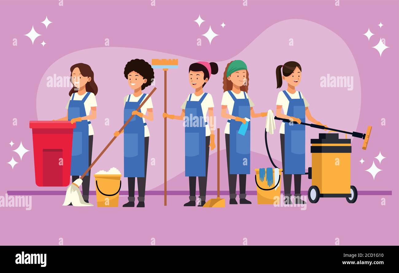 housekeeping team female workers with equipment tools vector ...
