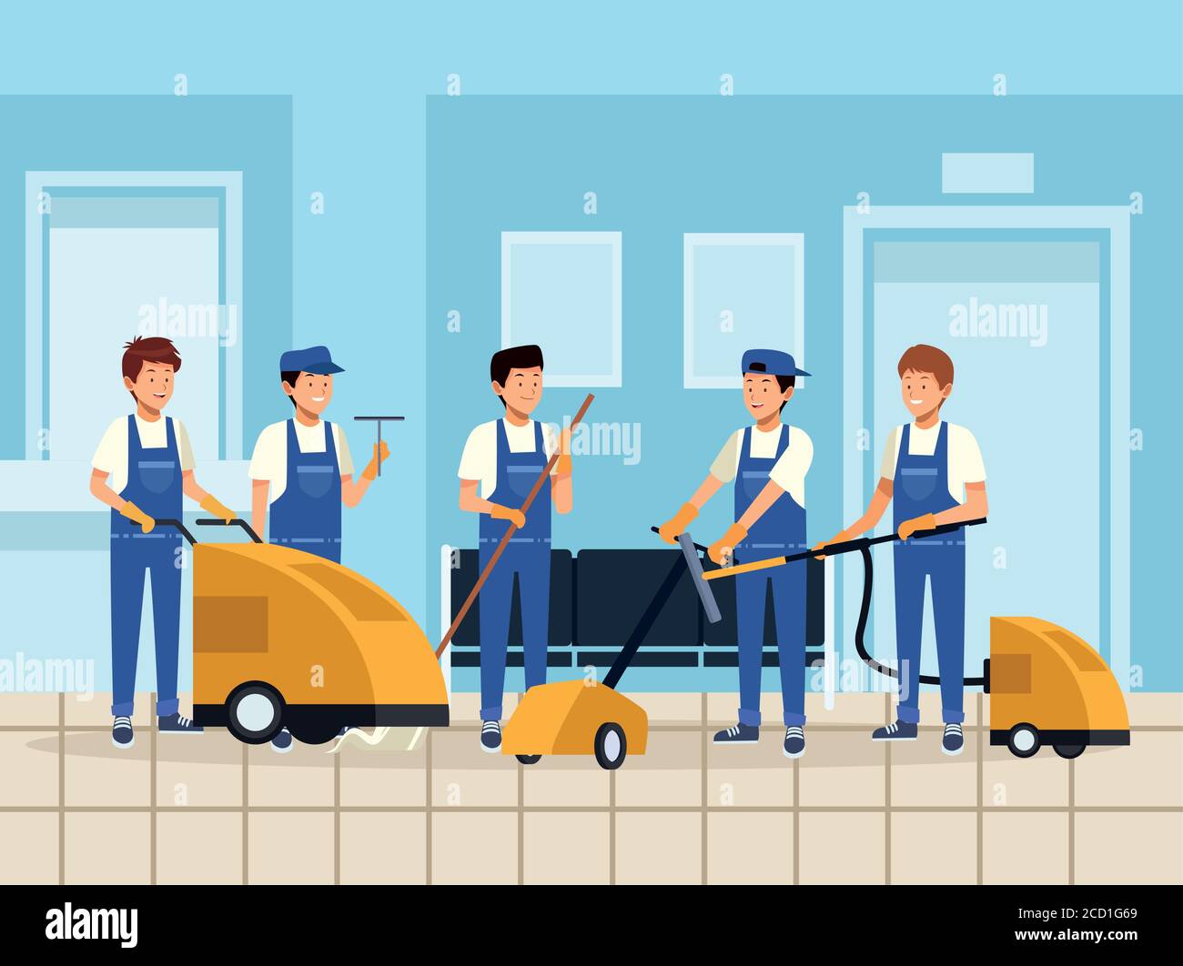 housekeeping male workers with equipment tools vector illustration ...