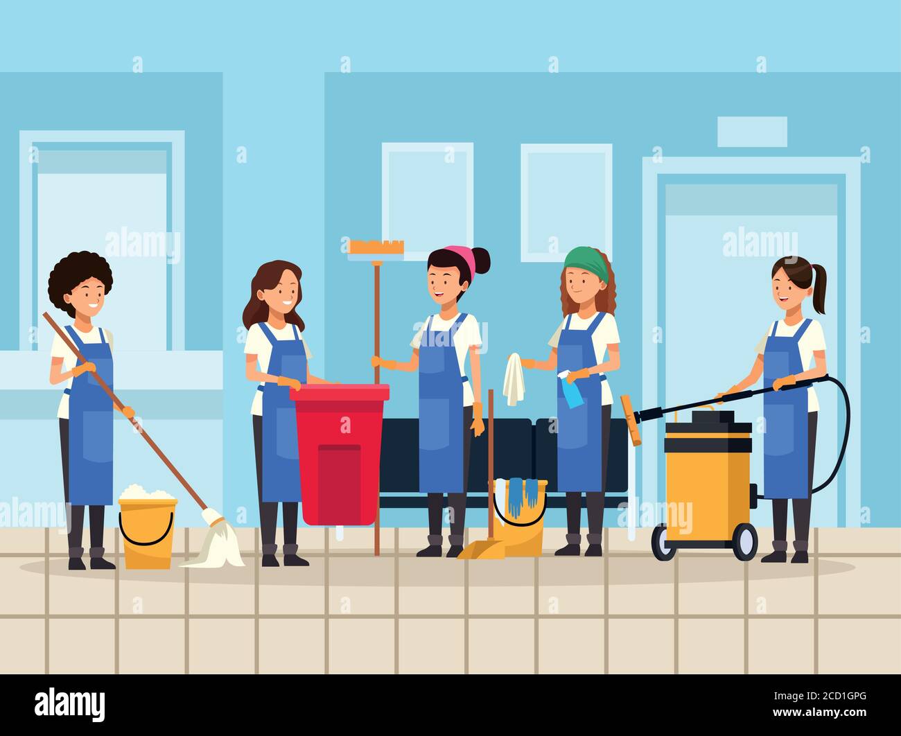 housekeeping team workers with equipment tools characters vector ...