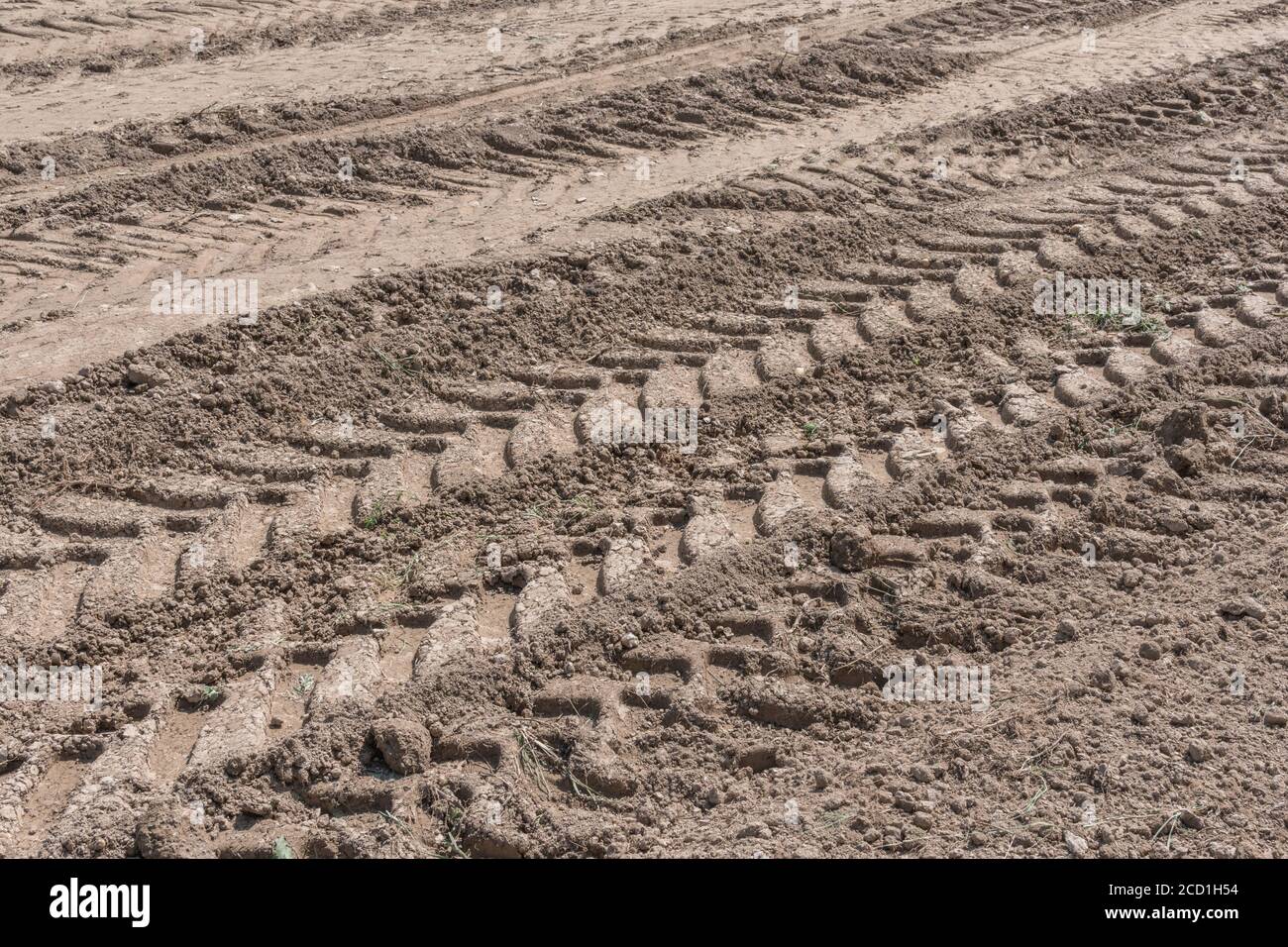 Heavy duty tractor tyre tracks in recently cropped field. For soil ...