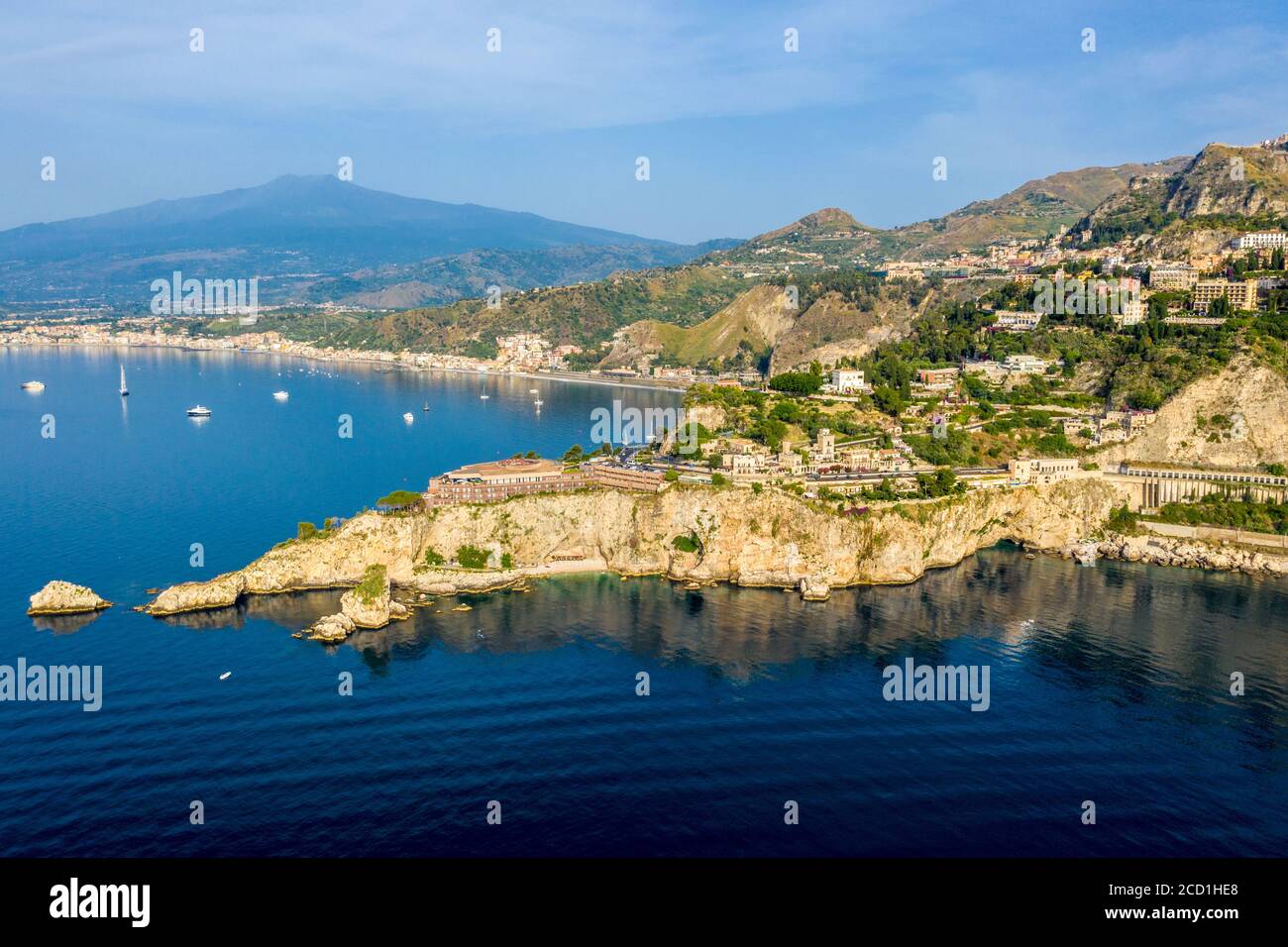 Aerial panoramic view of the town of Taormina and Mount Etna on the ...