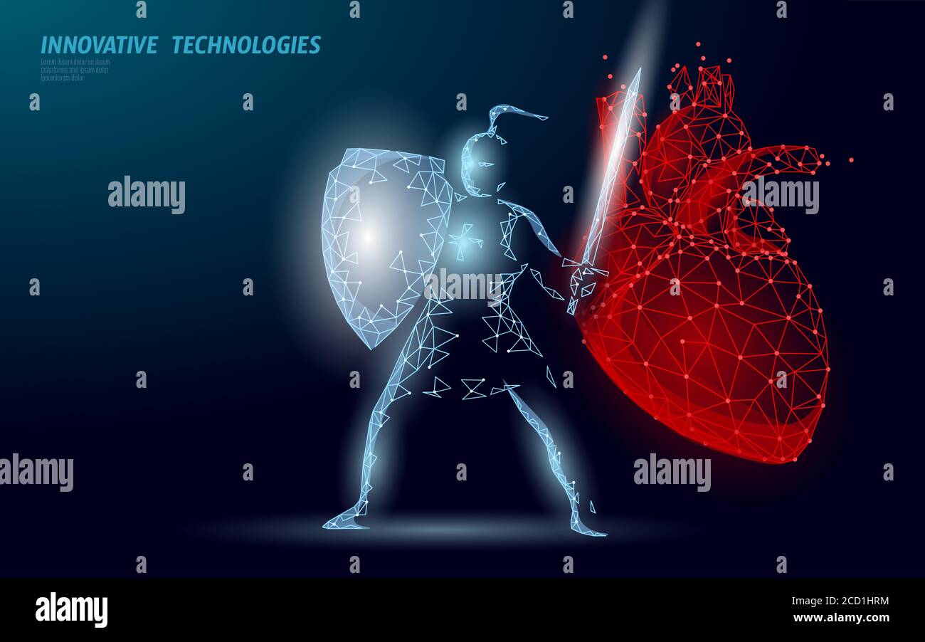 Human heart protection knight shield 3D low poly concept. Safety red ...