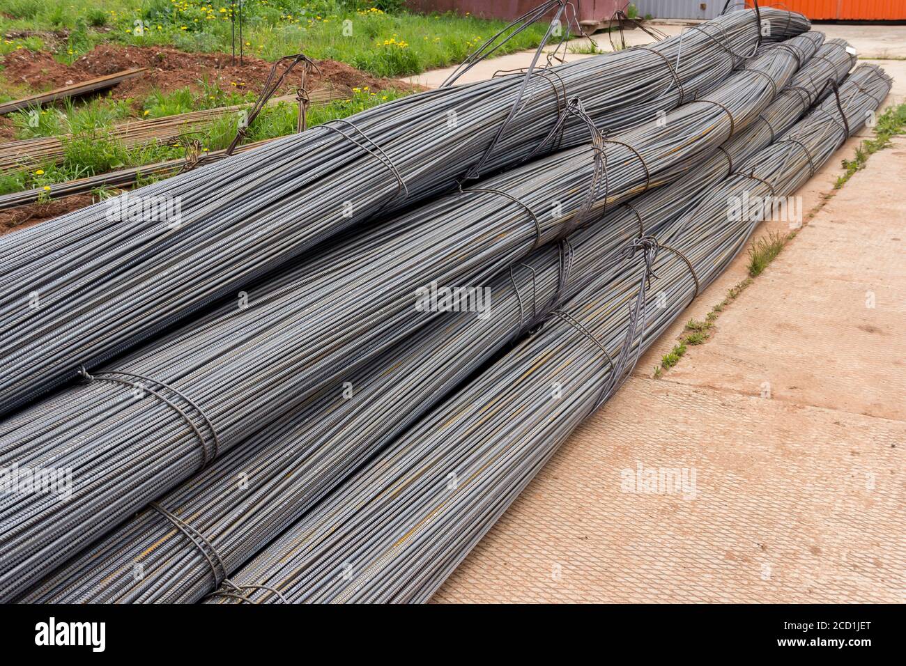 Brand new armature. Reinforcements steel bars stack. Close up steel ...