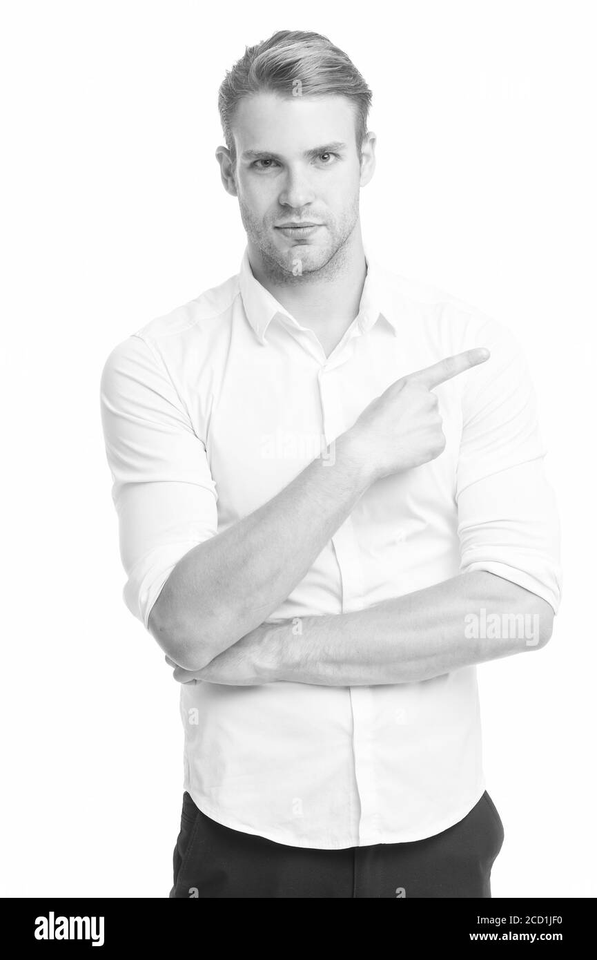 Look there. Man handsome smiling unshaven guy on white background ...