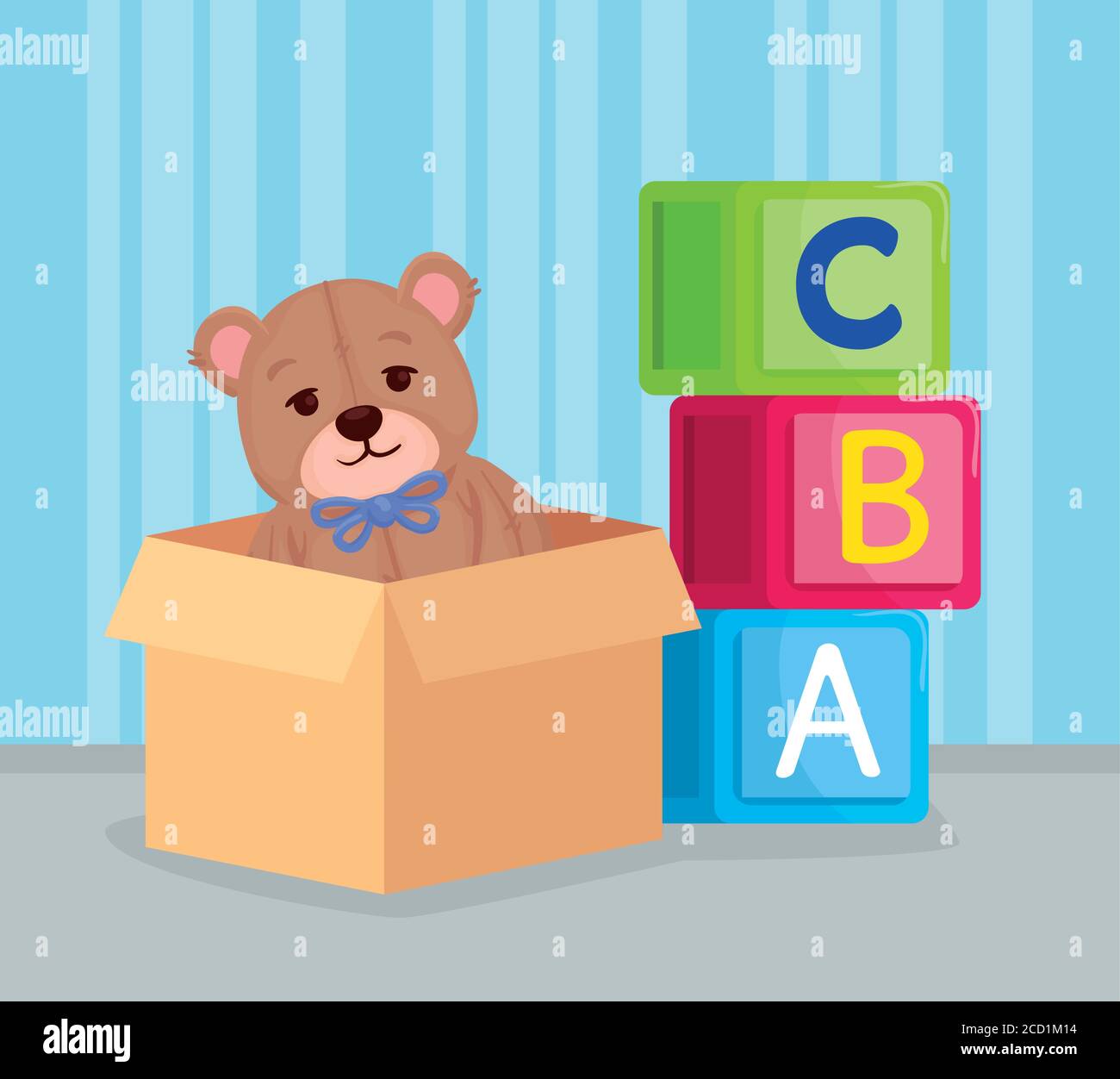 kids toys, alphabet cubes with teddy bear in box Stock Vector Image ...