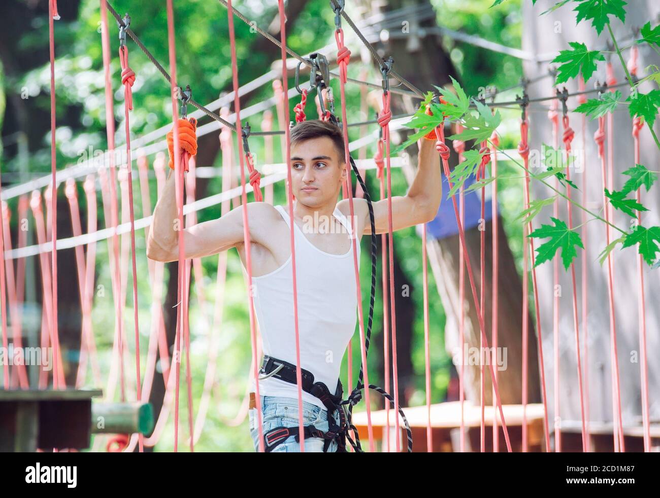 Man spend their leisure time in a ropes course. Man engaged in rope ...