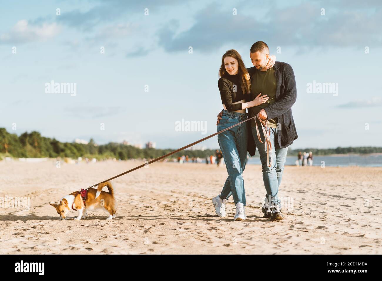 Young couple walking their dog on the beach hi-res stock photography ...