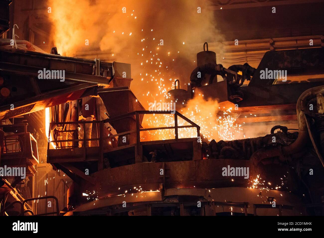 Melting of metal in a steel plant. High temperature in the melting ...
