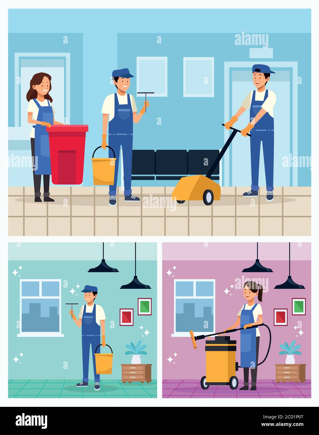 housekeeping team workers with equipment tools vector illustration ...