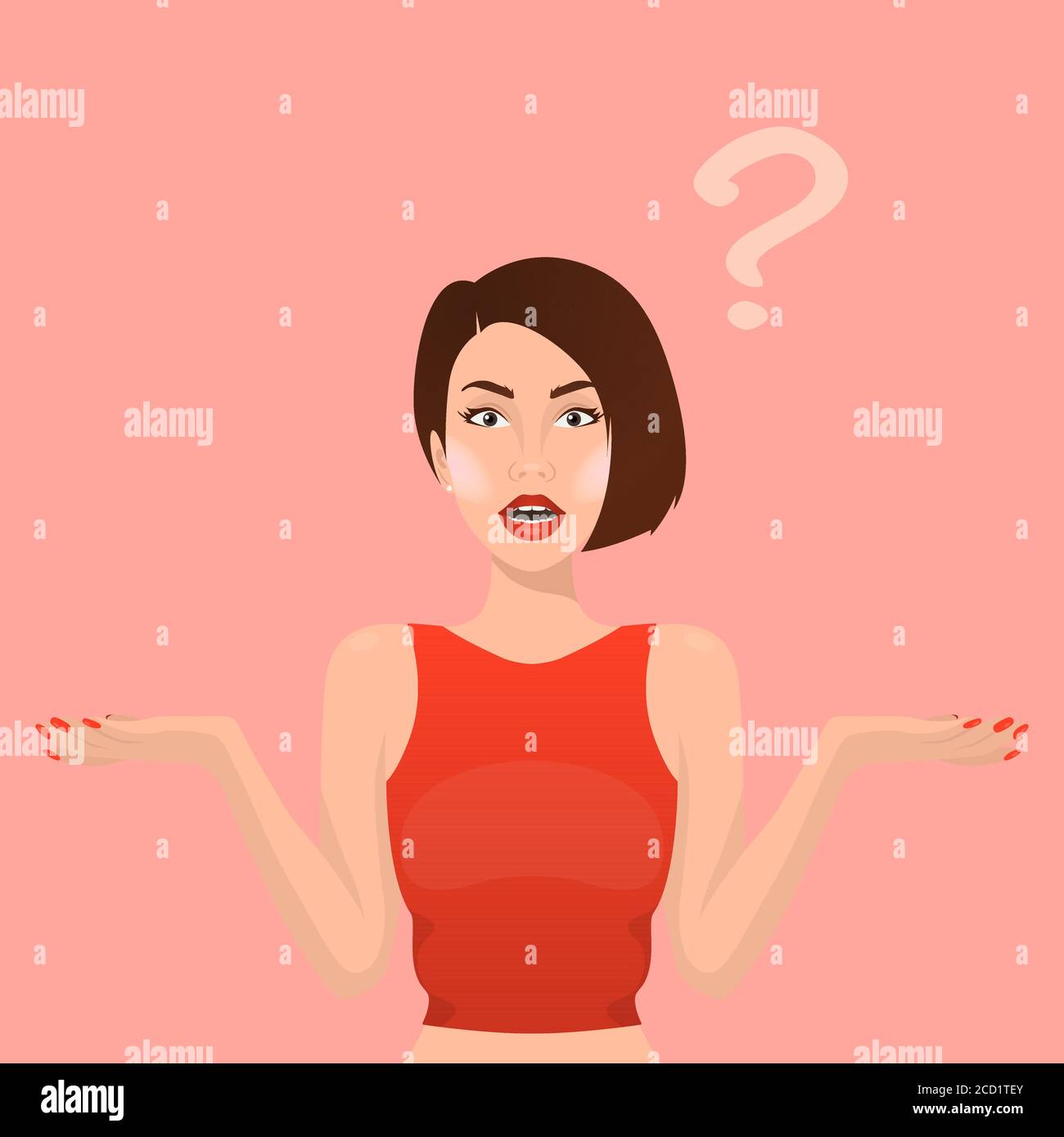 Pretty Brunette Confused Woman Young Lady Girl With Arms Outstretched