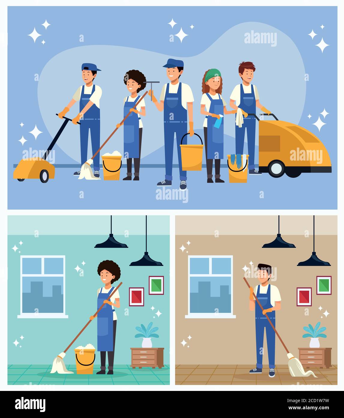 housekeeping team workers with equipment scenes vector illustration ...