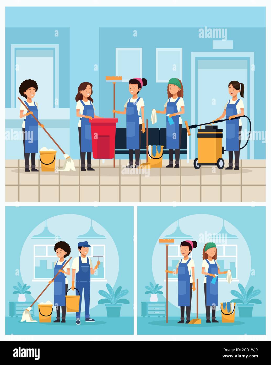 housekeeping team workers with tools scenes vector illustration design ...