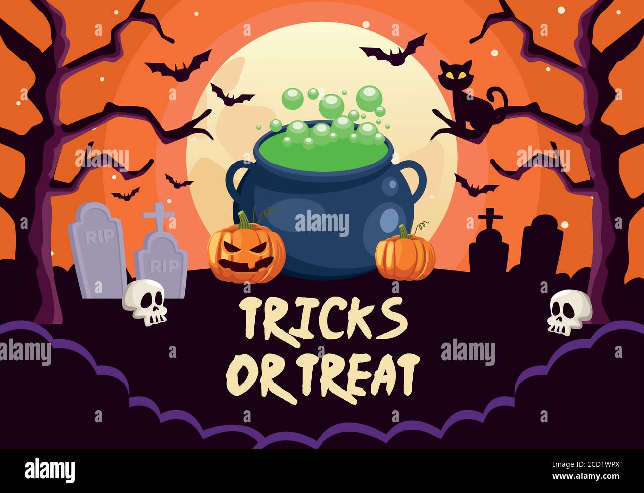 halloween tricks or treat lettering with cauldron witch in cemetery vector illustration design ...