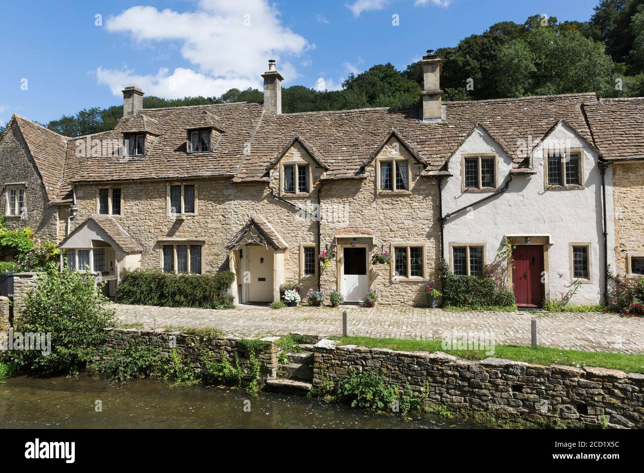 Row of traditional, old weavers' cottages, “Castle Combe” village ...